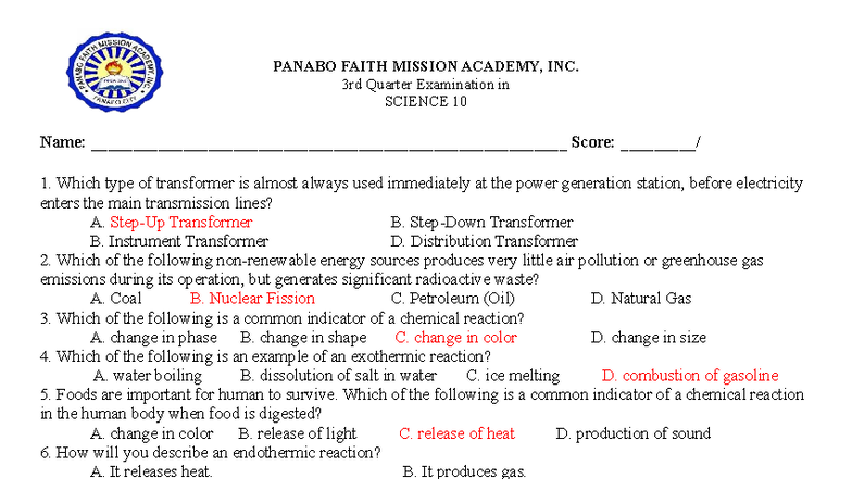 SCIENCE 10 3rd Quarter Examination Review and Practice - Studocu