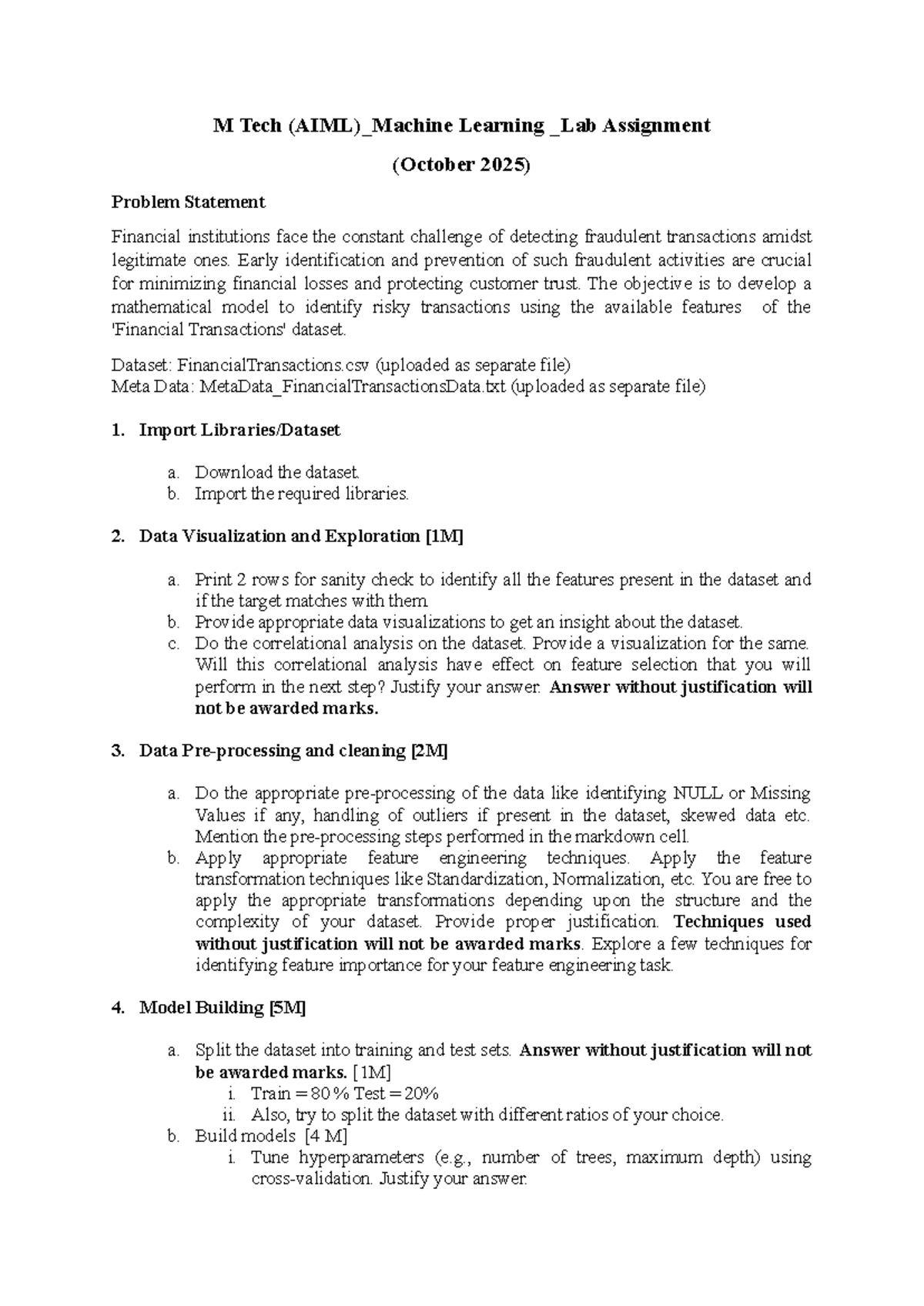 M Tech (AIML) - Machine Learning Lab Assignment: Fraud Detection Model - Studocu