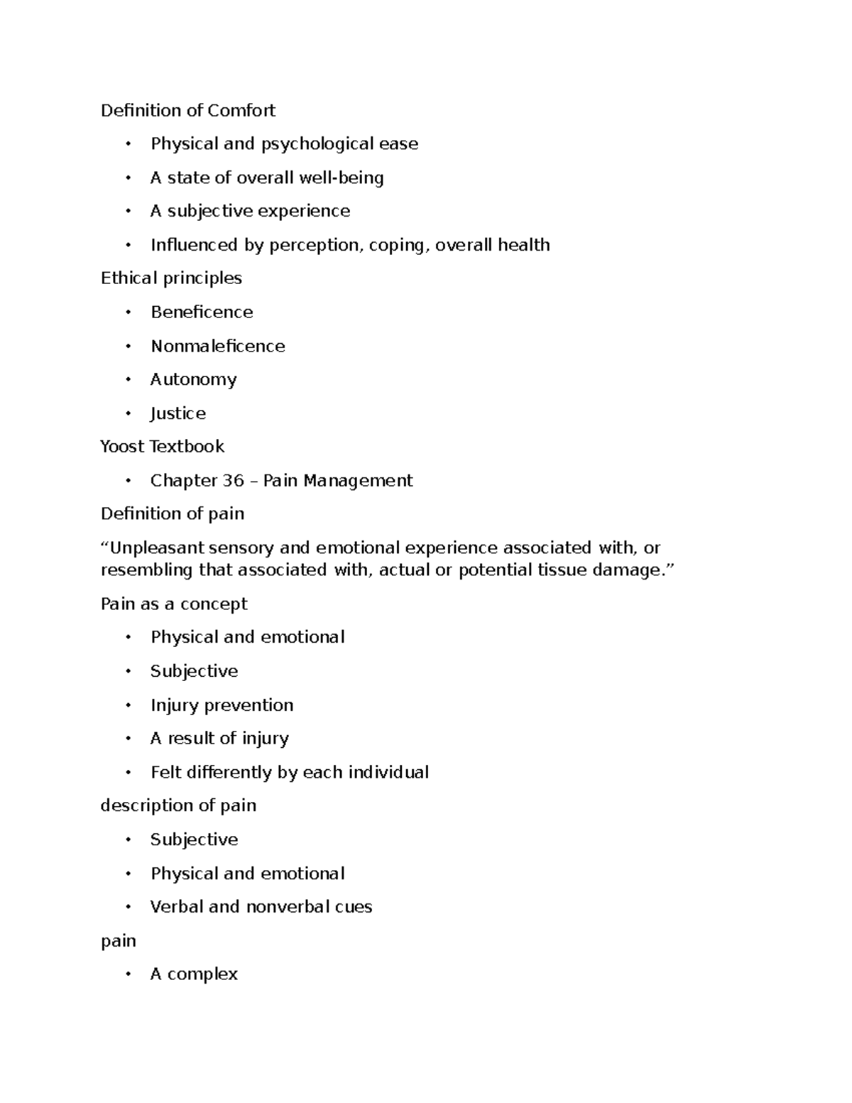 Comfort Lecture Outline: Understanding Pain Management (NURS 101) - Studocu
