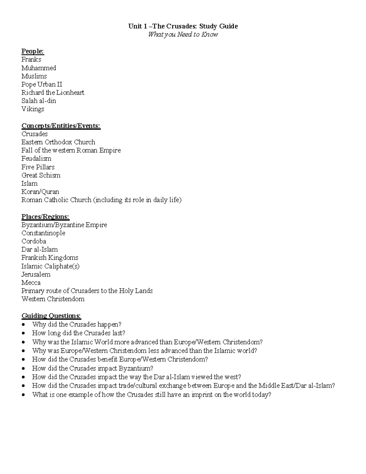 Unit 1: The Crusades Study Guide - Key Concepts & Impacts - Studocu