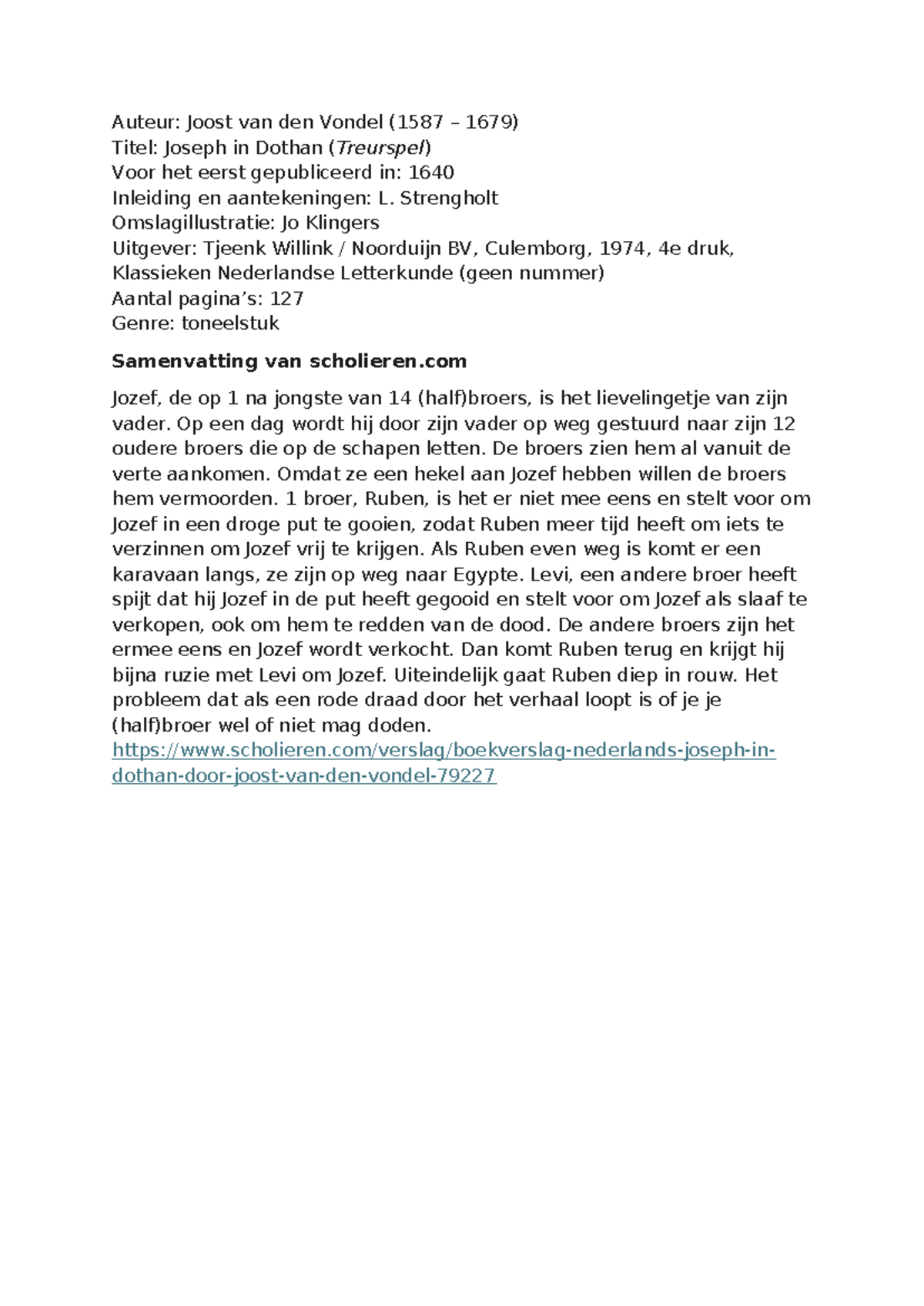 Boekverslag: Joseph in Dothan (Vondel) - Analyse en Thema's - Studeersnel