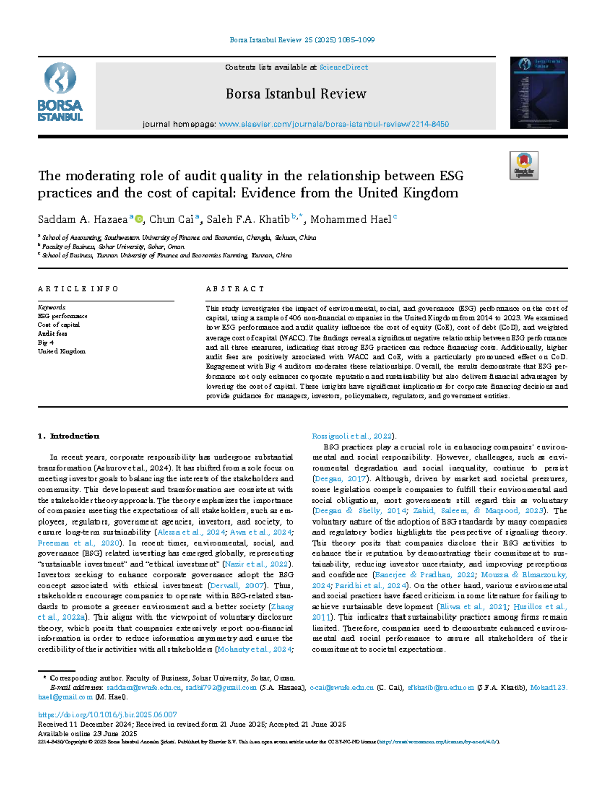 The Moderating Role of Audit Quality on ESG Practices and Cost of ...