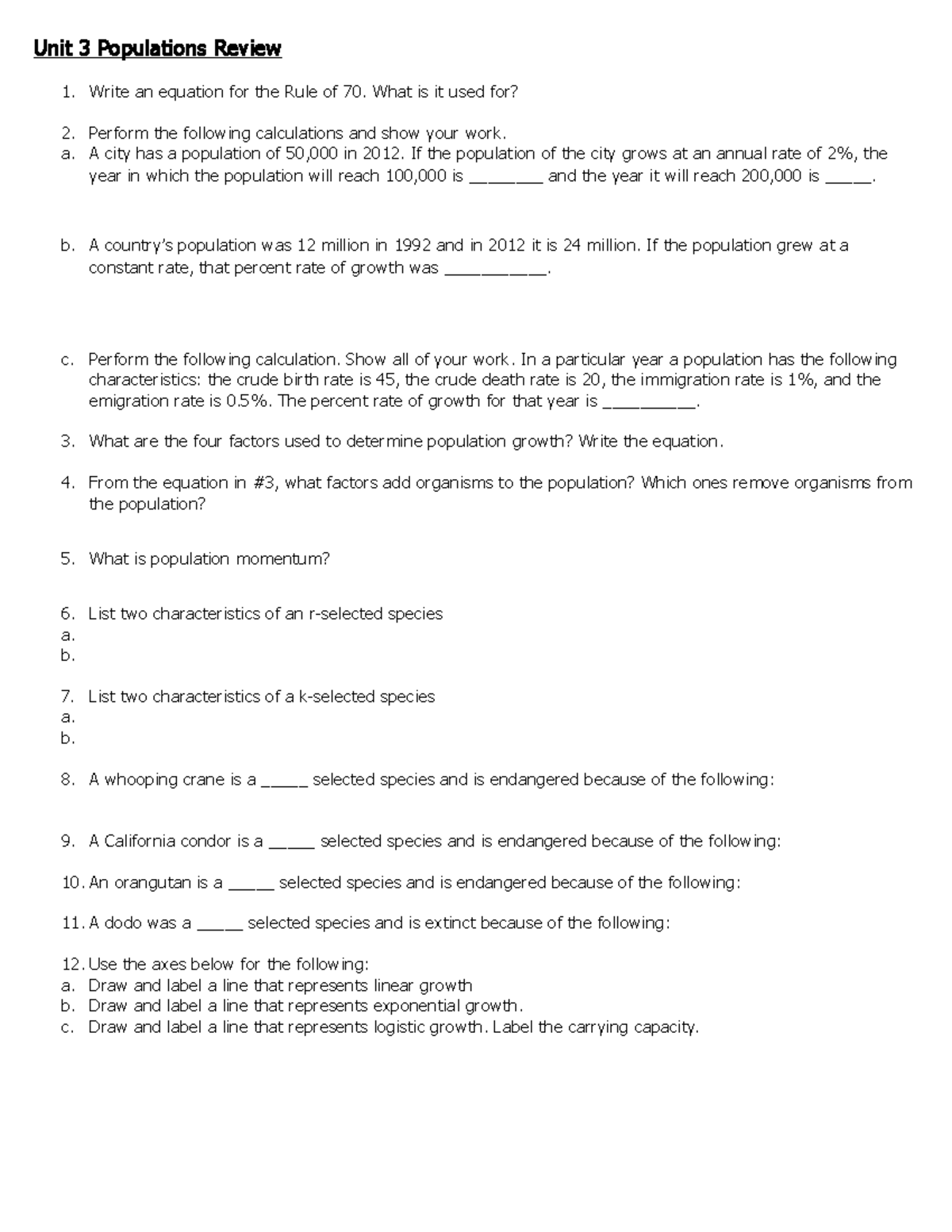 Unit 3 Review Ap envi sci. - Unit 3 Populations Review 1. Write an ...