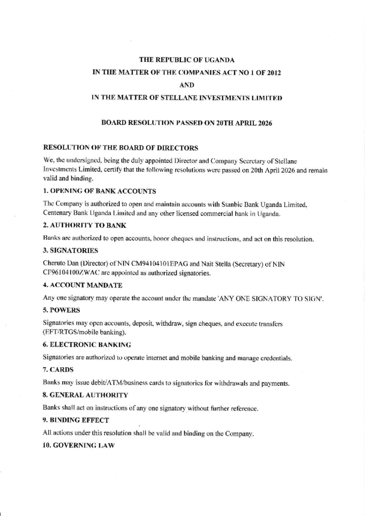 Board Resolution for Stellane Investments Limited - April 2026 - Studocu