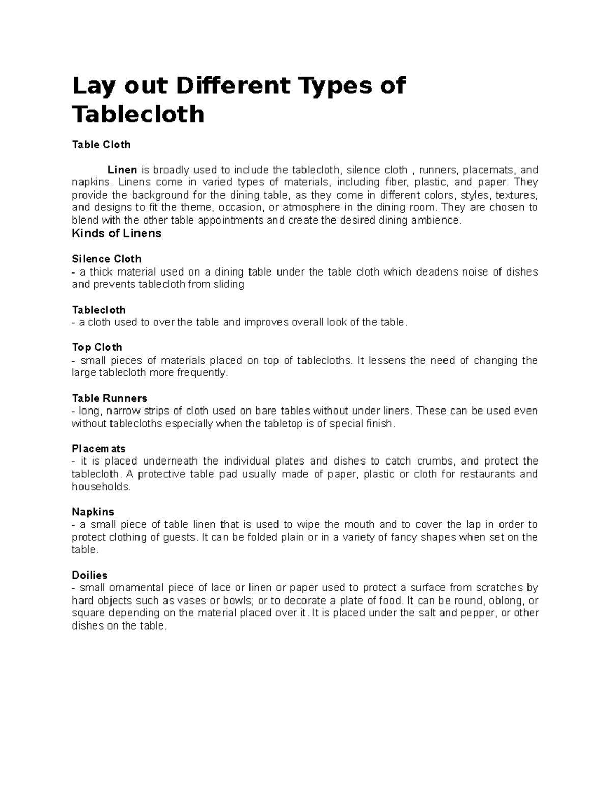 Lesson 5 - Overview of Household Linens and Table Services - Studocu