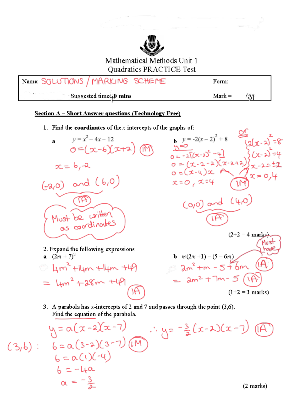 11MM Quadratics Practice Test Solutions - Total Marks 43 - Studocu