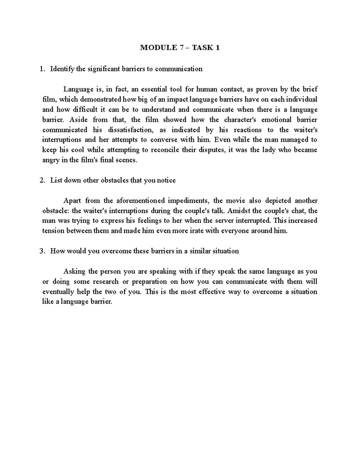 Module 7 Task 1: Overcoming Communication Barriers - Studocu