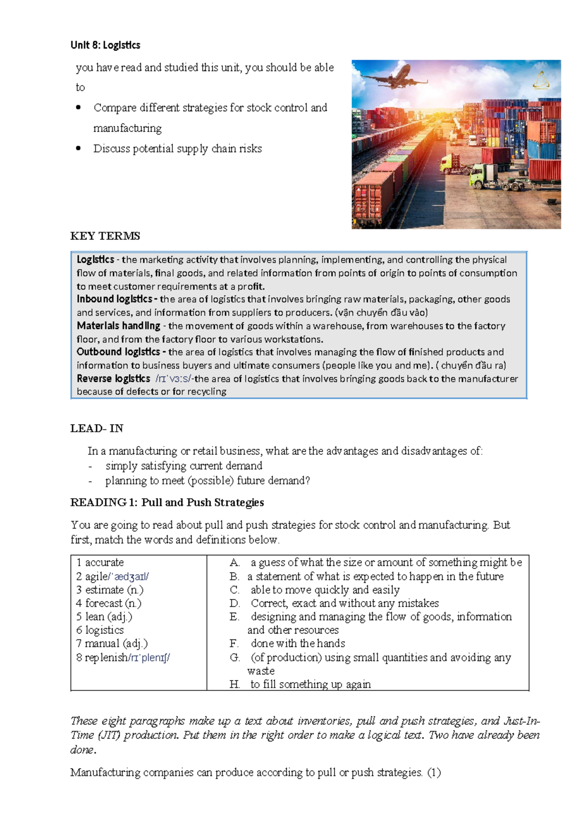 UNIT 9 - Logistics: Key Concepts and Supply Chain Risks in Economic Law ...