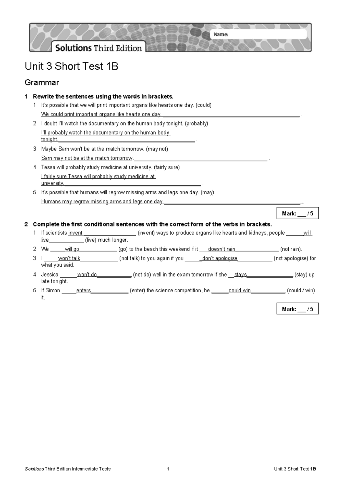 ENG 1A Unit 3 Short Test 1B Grammar Exercises and Solutions - Studocu