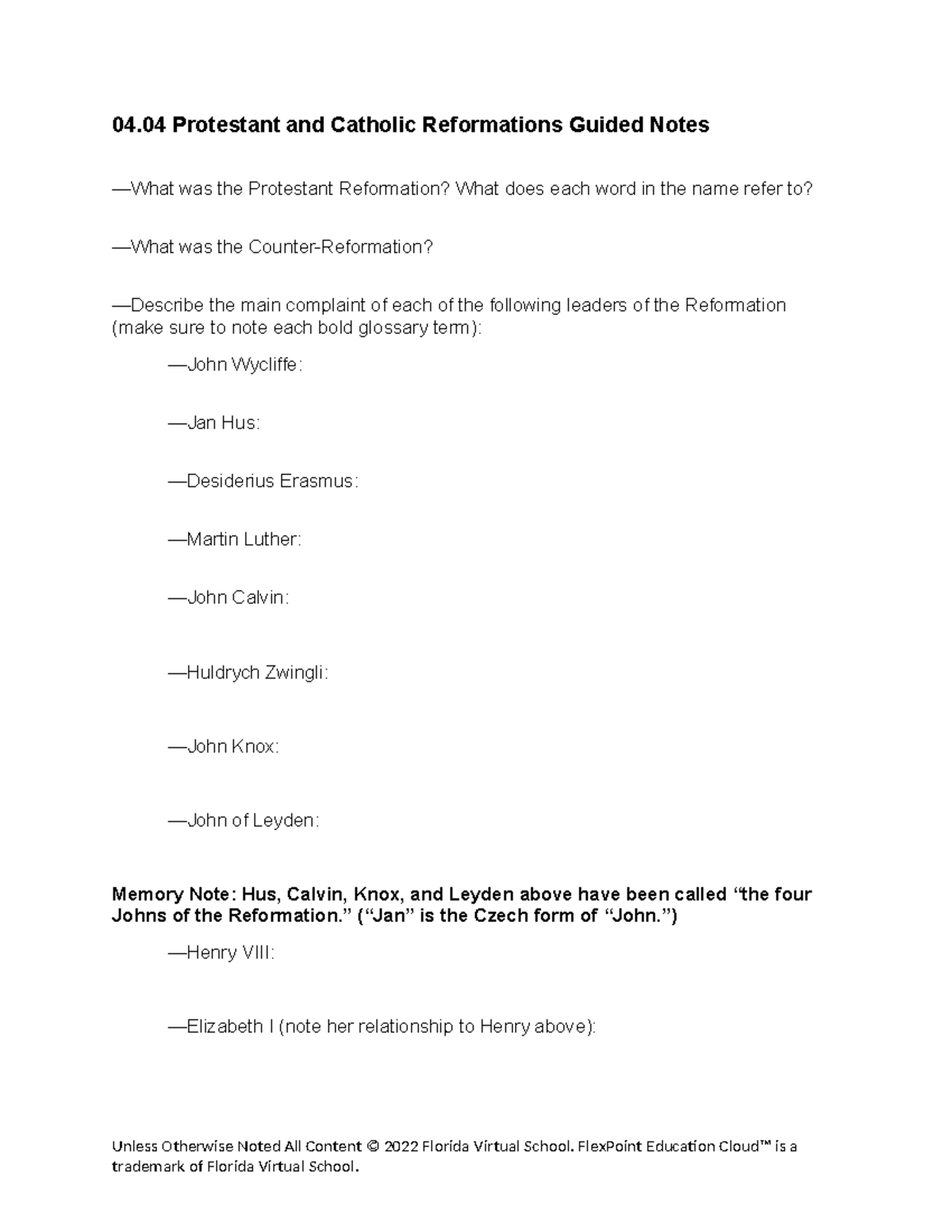 04 04 Guided Notes: Protestant & Catholic Reformations - Studocu