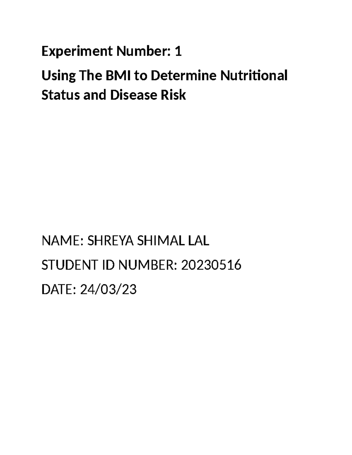 BMI Lab Experiment Report - Final Submission by Shreya L. - Studocu