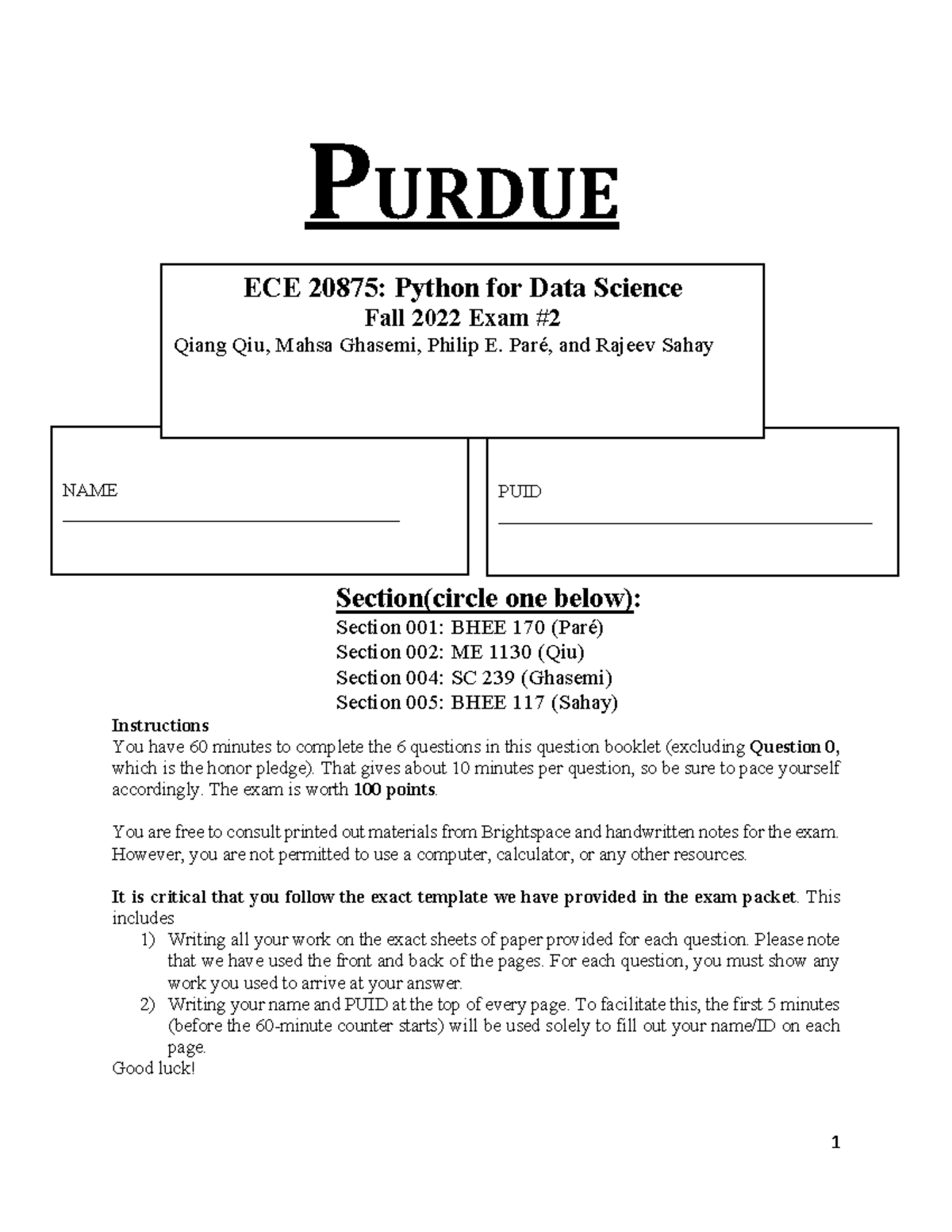 Fall 2022 ECE 20875 Exam 2 - Python for Data Science Questions & Instructions - Studocu