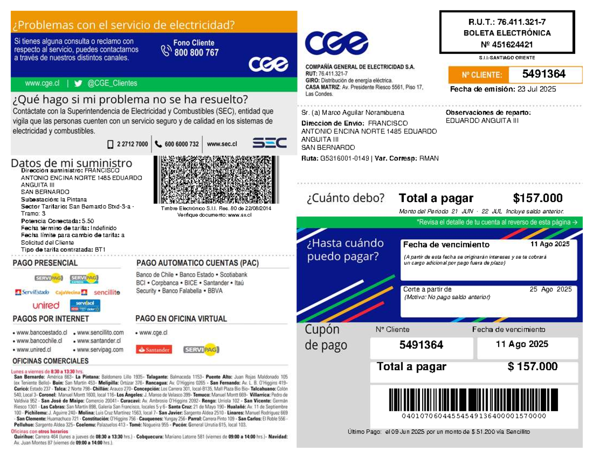 Boleta CGE - R.U.T. 451624421 y Detalles de Pago - Studocu