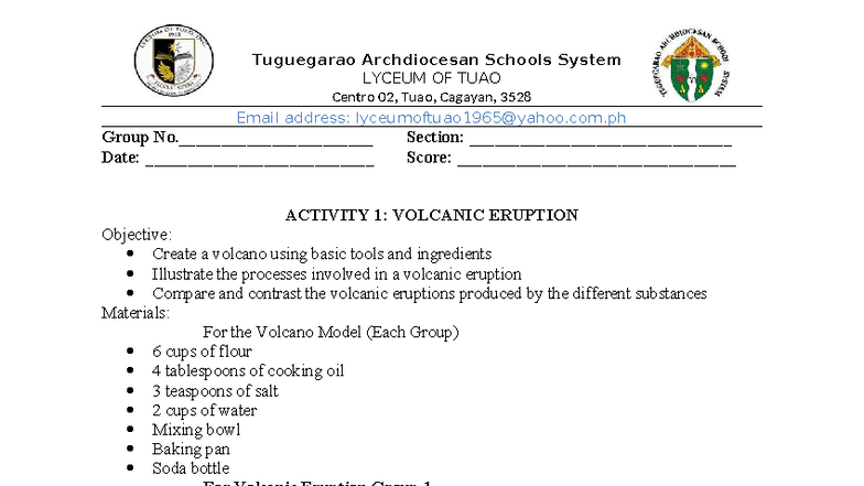 Activity 1: Volcanic Eruption Experiment - Third Quarter - Studocu