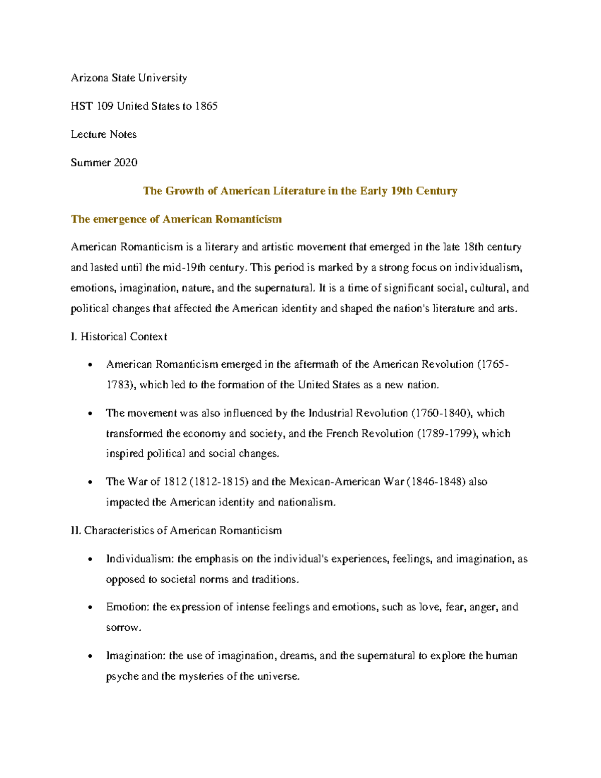 HST 109 Lecture Notes: American Romanticism & Early Literature - Studocu