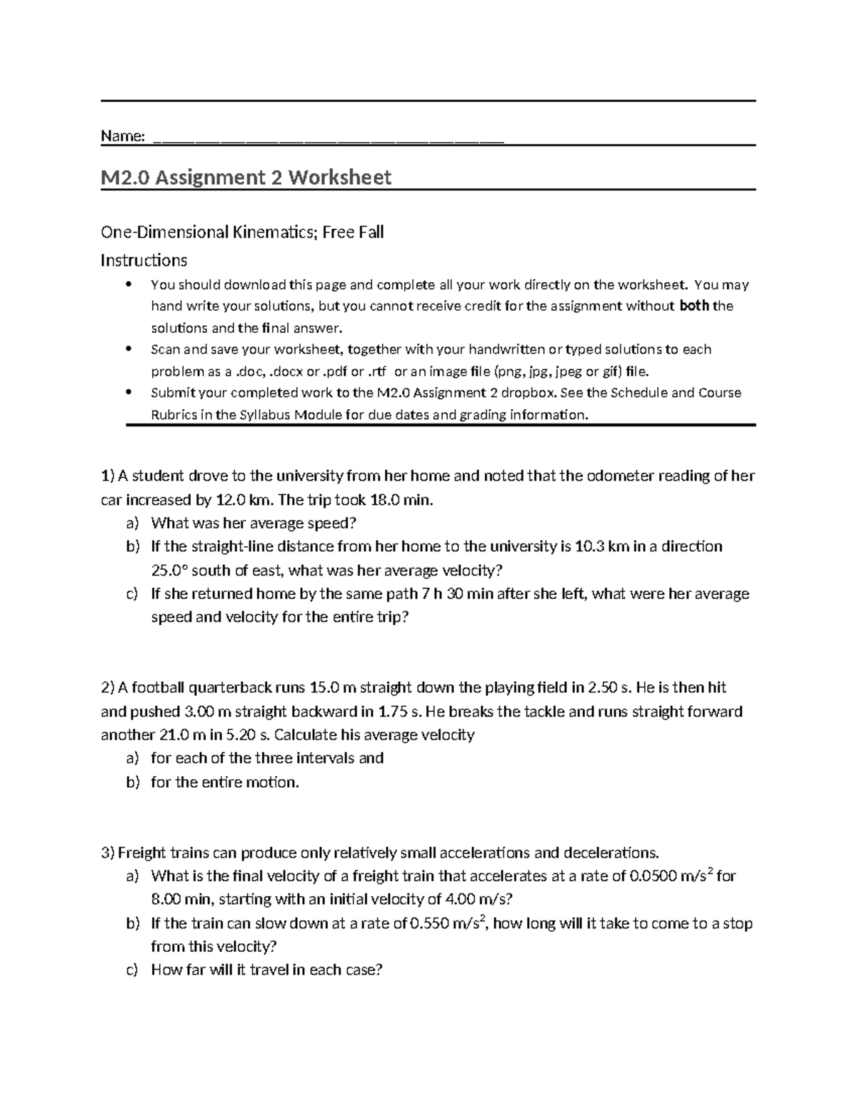M2.0 Assignment 2 Worksheet: Free Fall & Motion Problems - Studocu