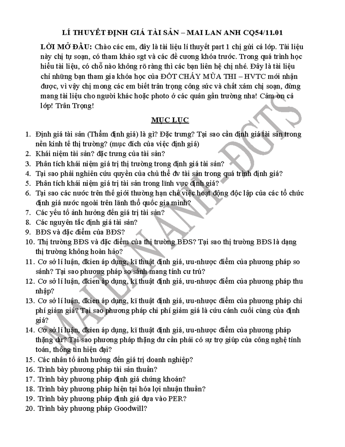 Lí Thuyết MAI LAN ANH - LÍ THUYẾT ĐỊNH GIÁ TÀI SẢN – MAI LAN ANH CQ54/11. LỜI MỞ ĐẦU: Chào các ...