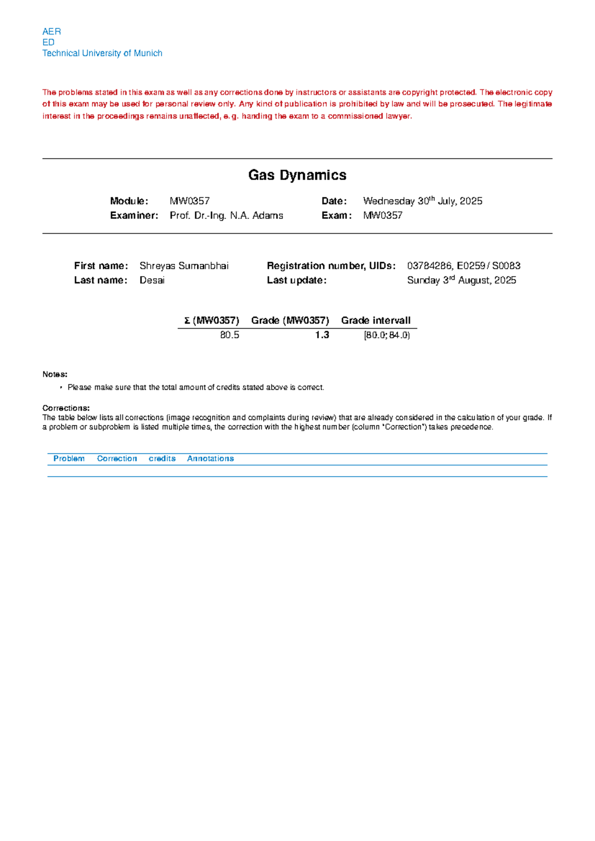 MW0357 Gas Dynamics Exam Notes - Technical University of Munich - Studocu