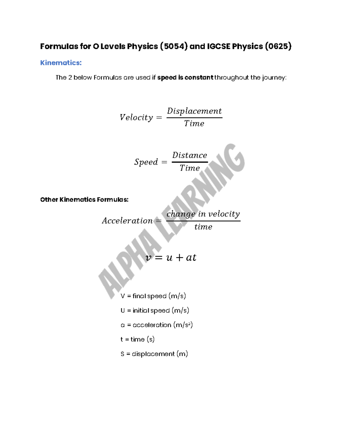 Formulas for O Levels Physics (5054) & IGCSE Physics (0625) - Studocu