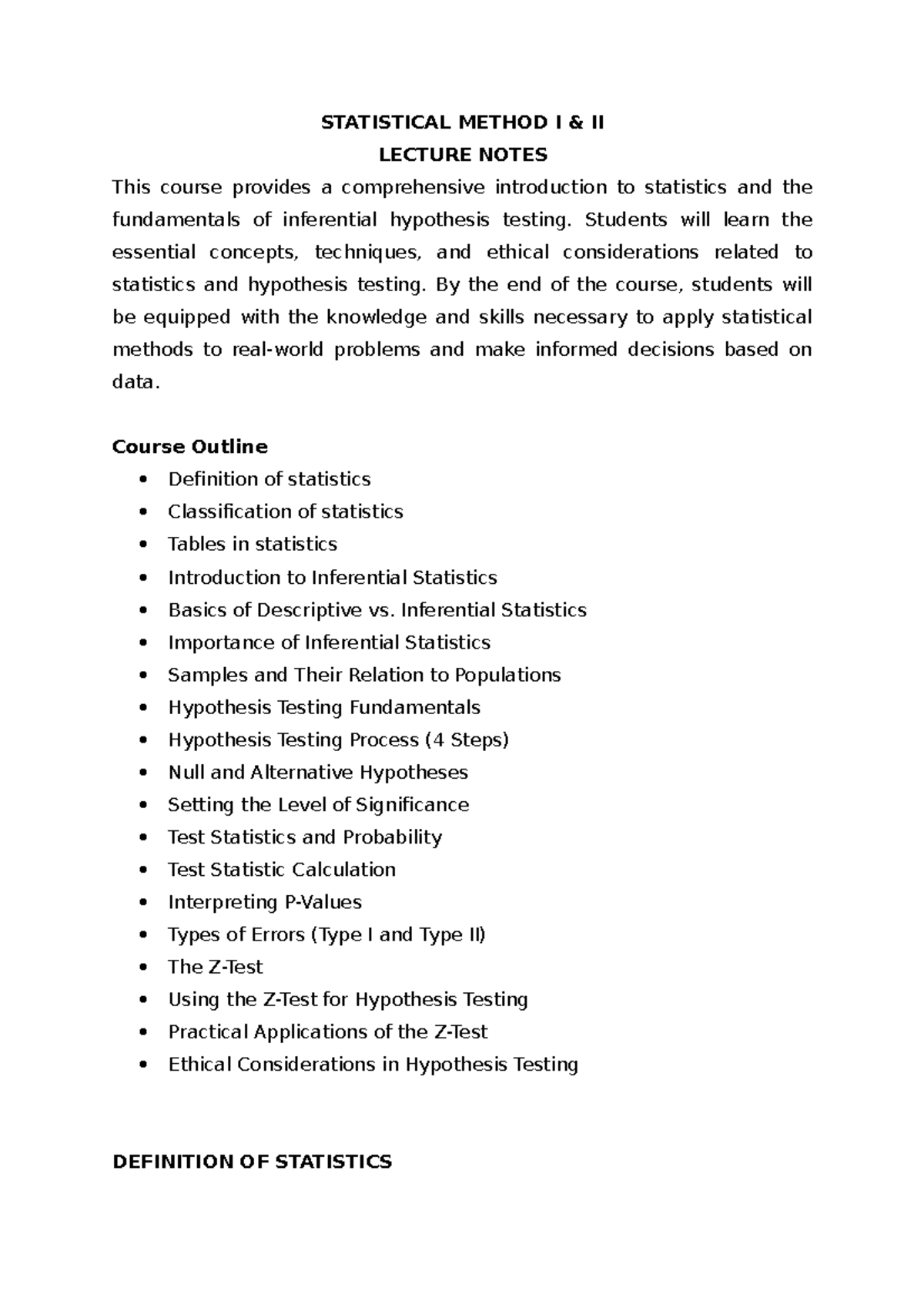 Statistical Method I - STATISTICAL METHOD I & II LECTURE NOTES This ...