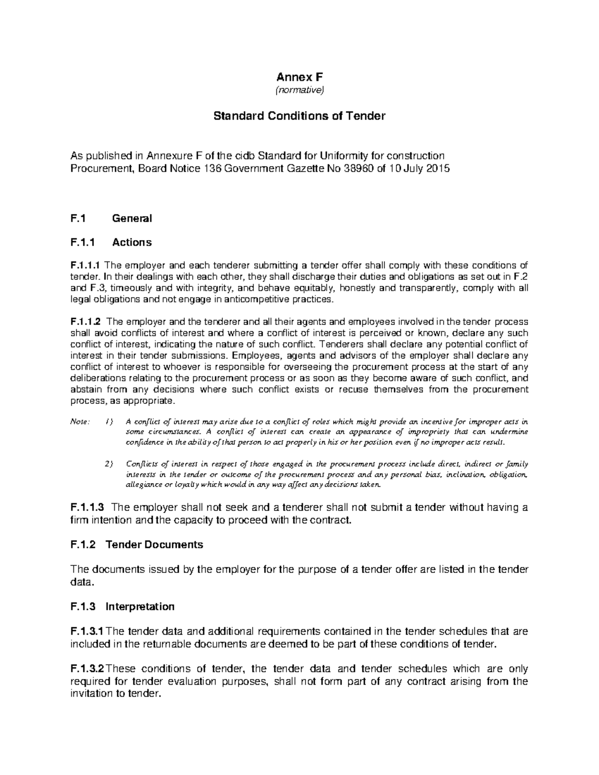 Standard Conditions of Tender (Annex F) - cidb Guidelines - Studocu