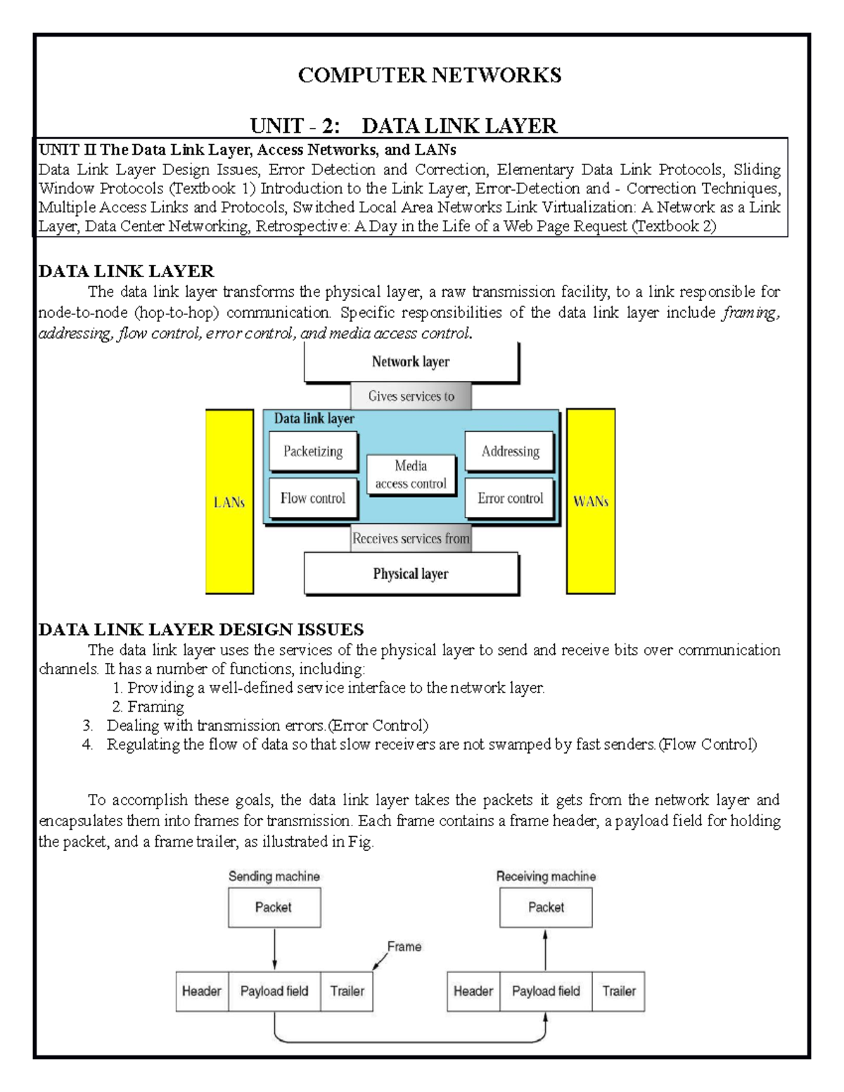 CN UNIT-2: Data Link Layer and Protocols in Computer Networks - Studocu