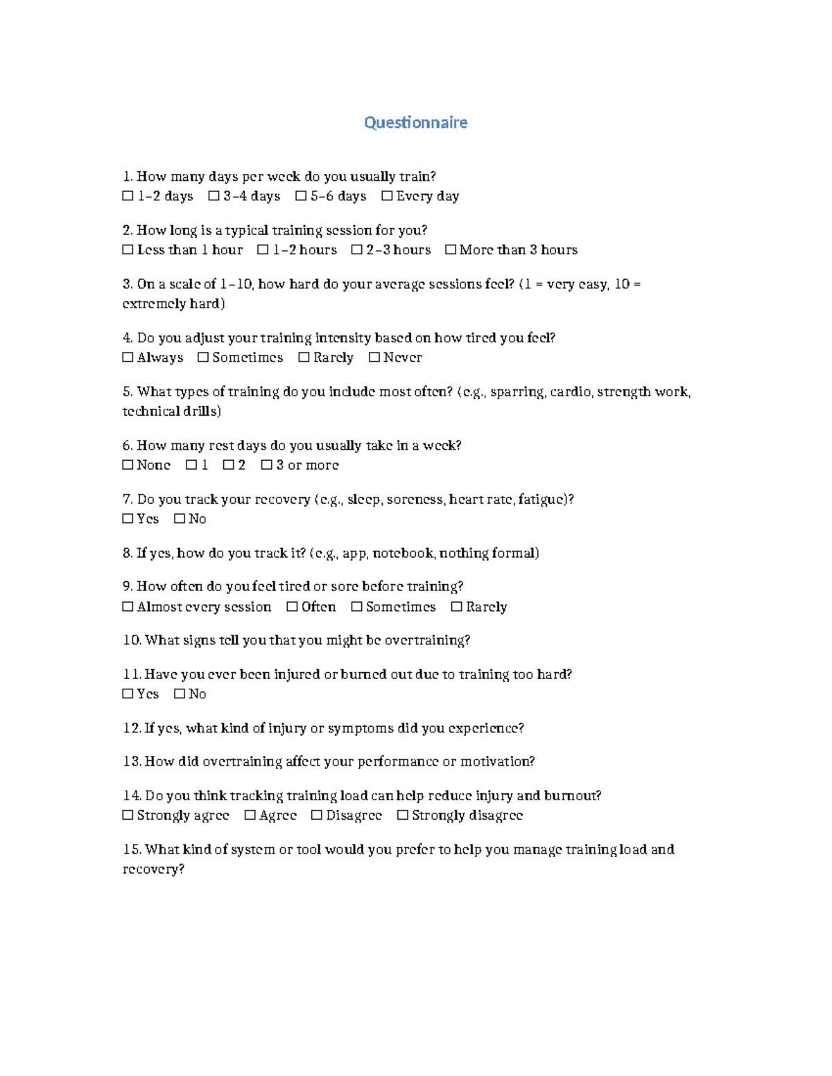 Questionnaire 1: Training Load and Recovery Insights - Studocu