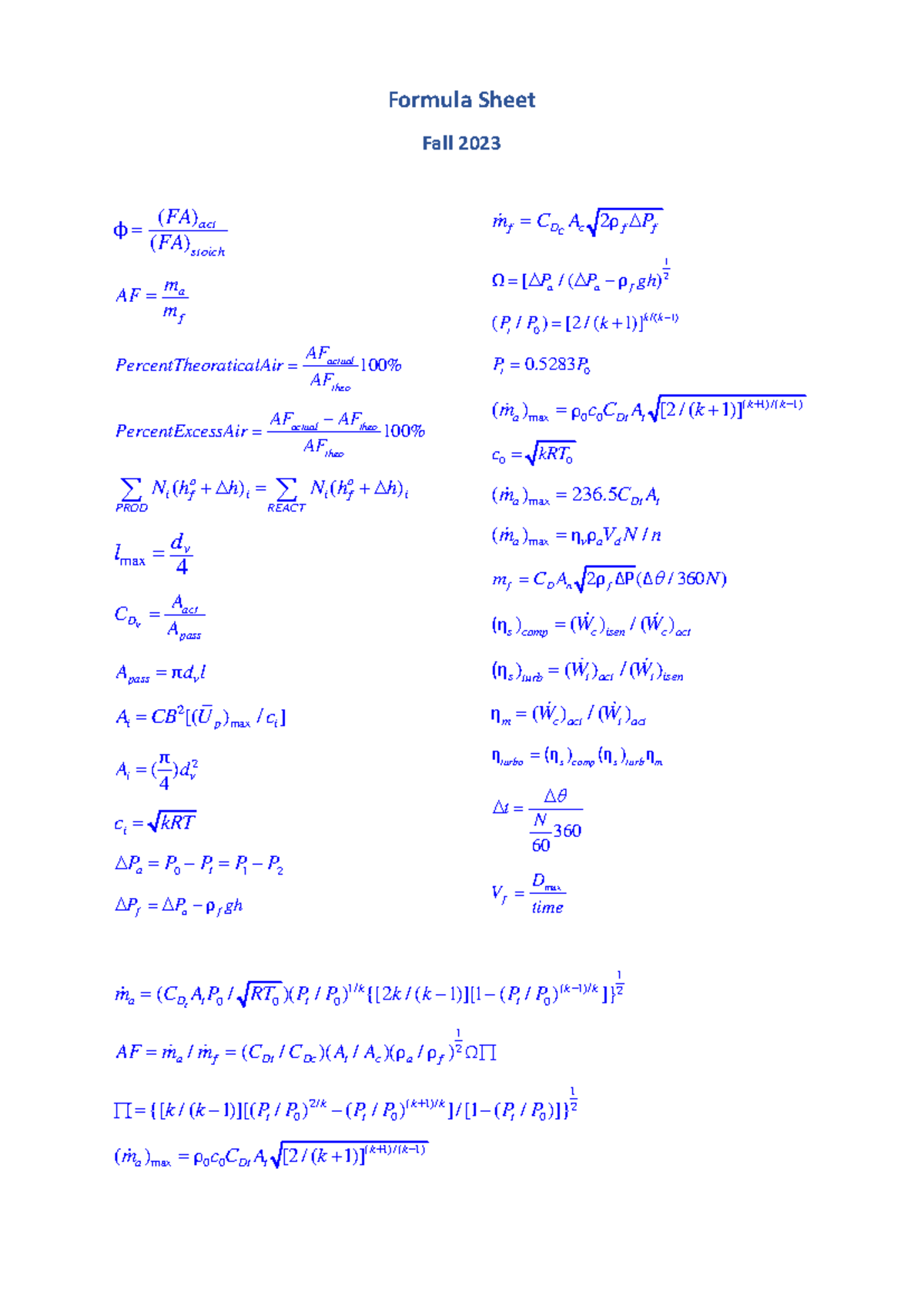 Final Formula Sheet for IC Engines - Fall 2023 - Studocu