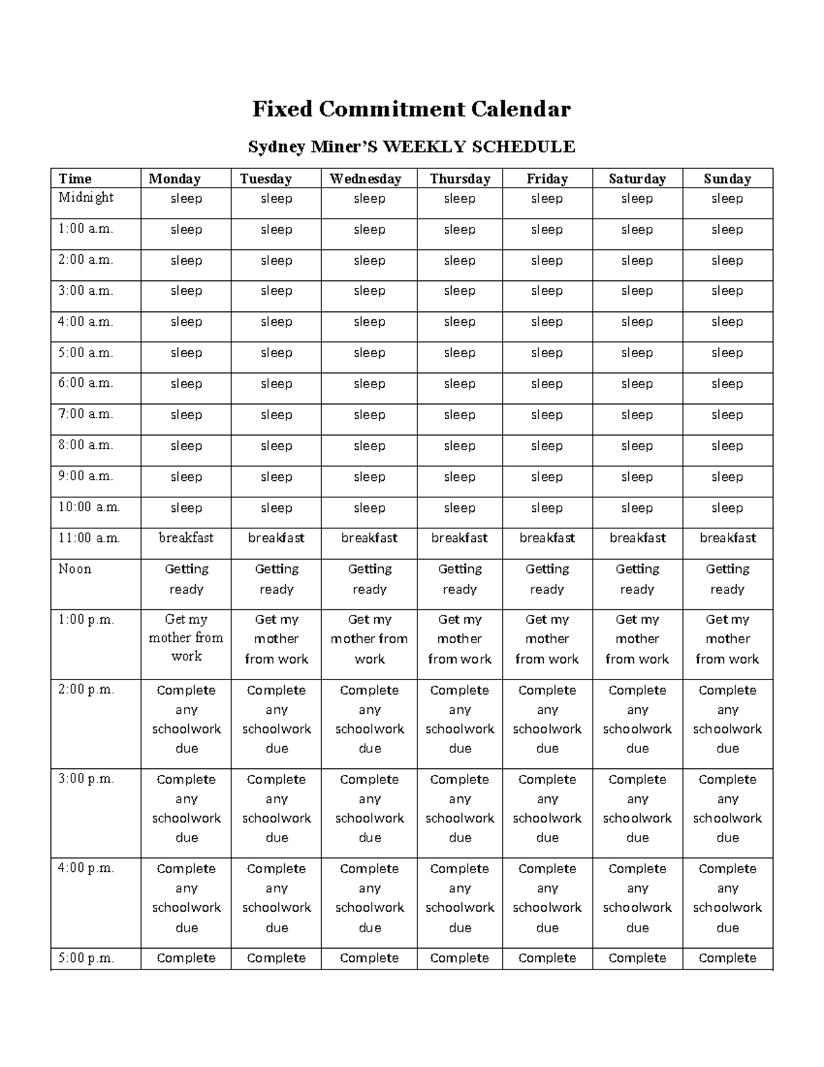 Time Management Assignment: Fixed Commitment Calendar for Sydney - Studocu