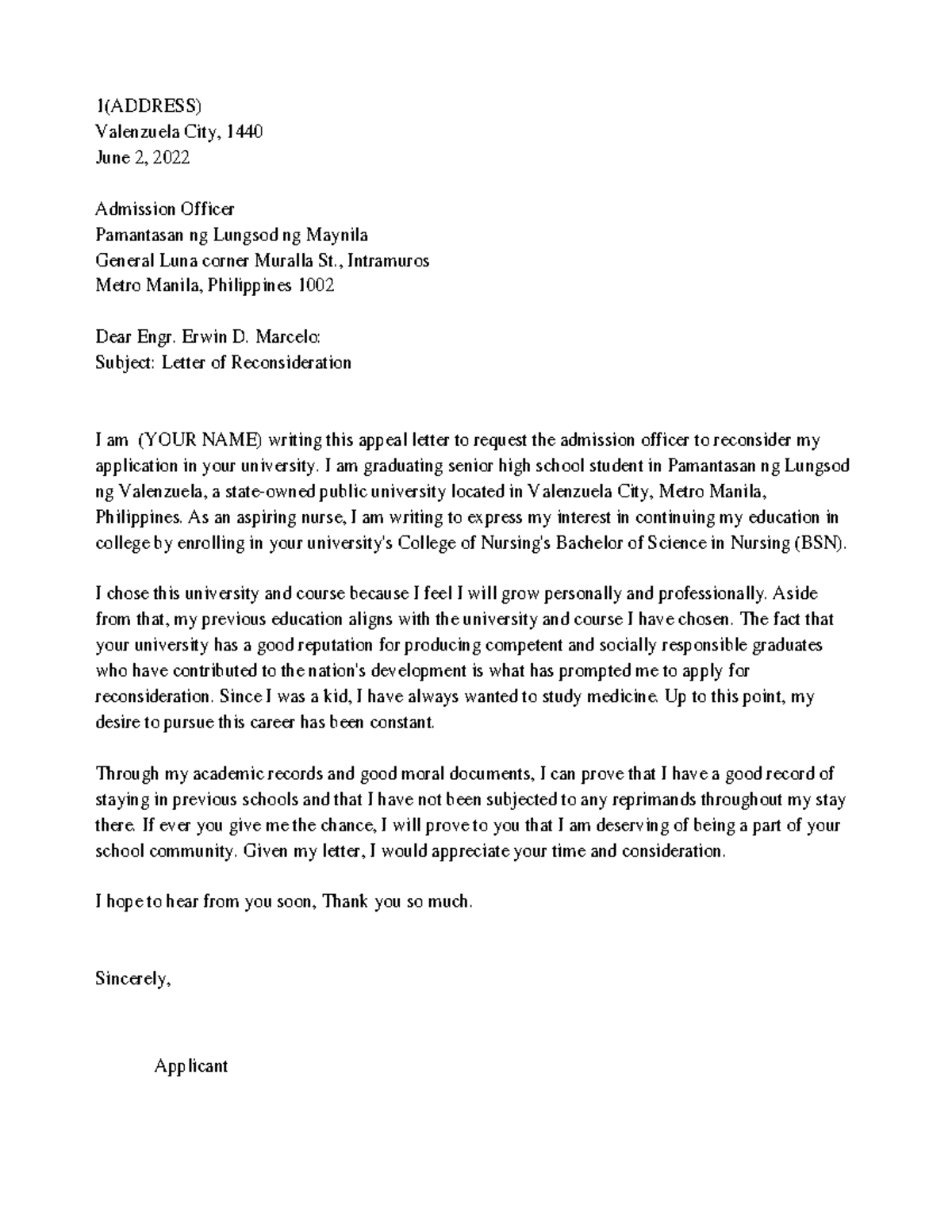 Letter of Reconsideration for Nursing Admission Application - Studocu