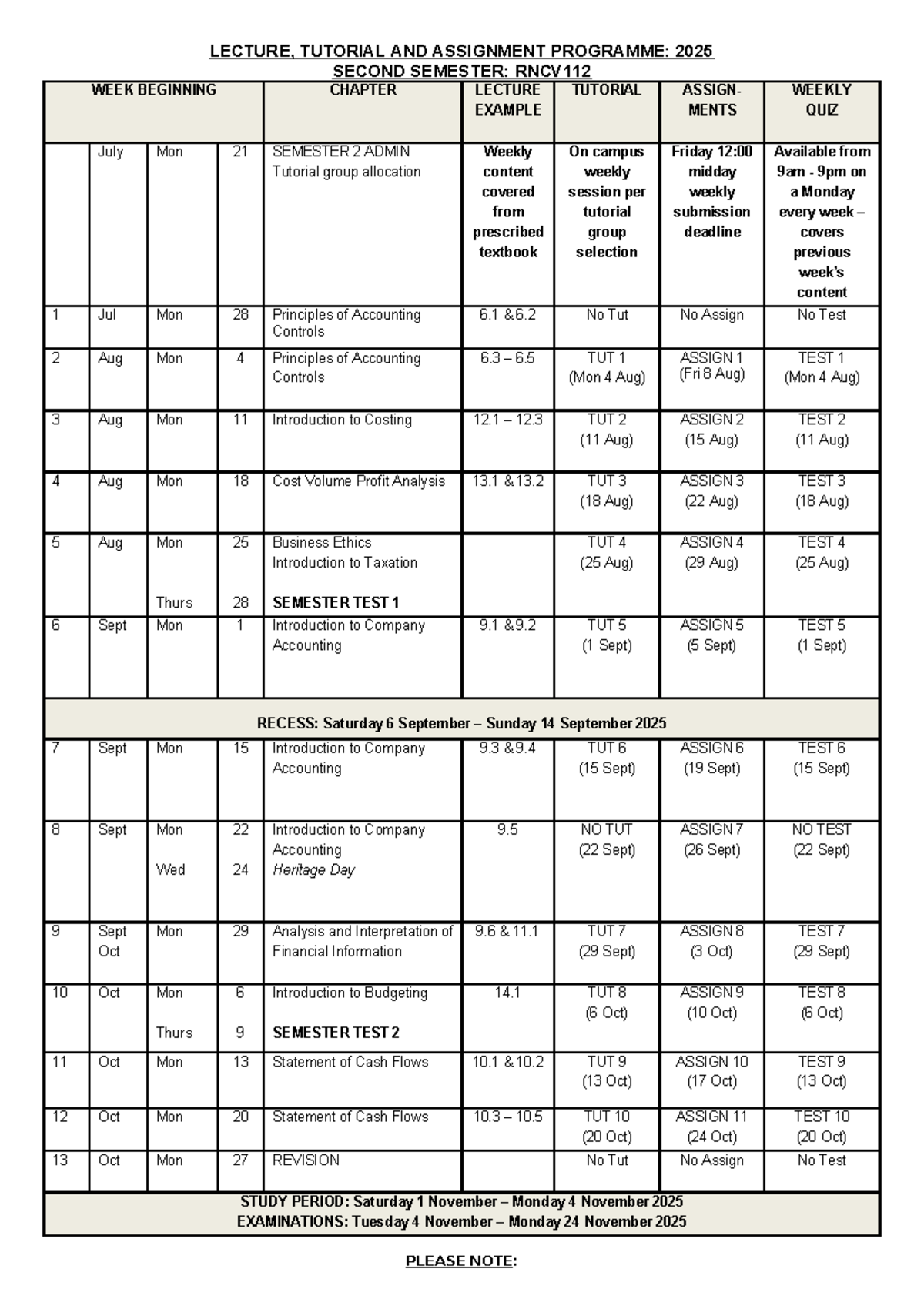 RNCV112 Lecture & Assignment Schedule: 2025 Second Semester - Studocu