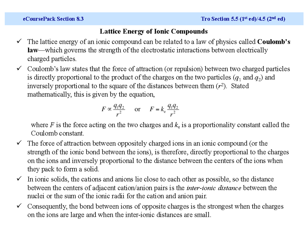 Lecture 2 - Arasasingham - Lattice Energy of Ionic Compounds ü The ...