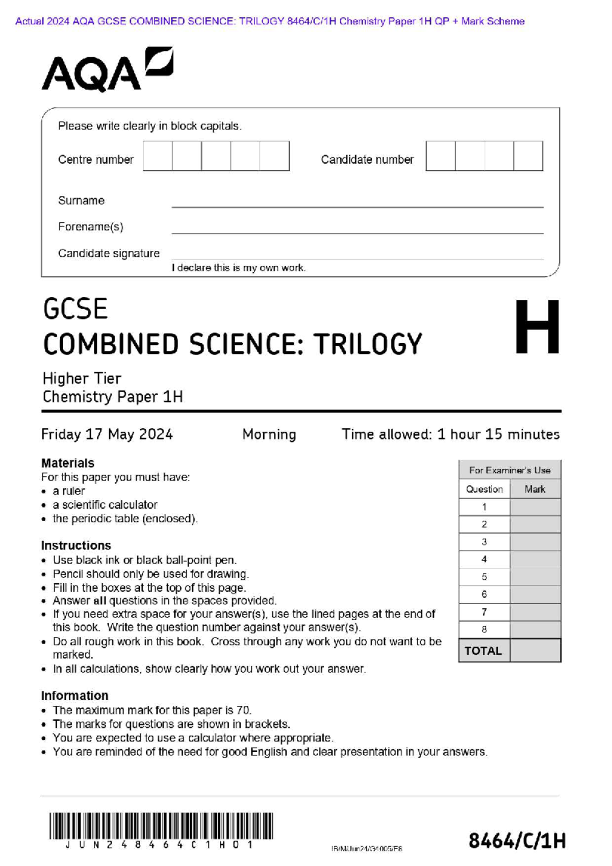 AQA GCSE Combined Science: Trilogy - H Chemistry Paper 1H Mark Scheme ...