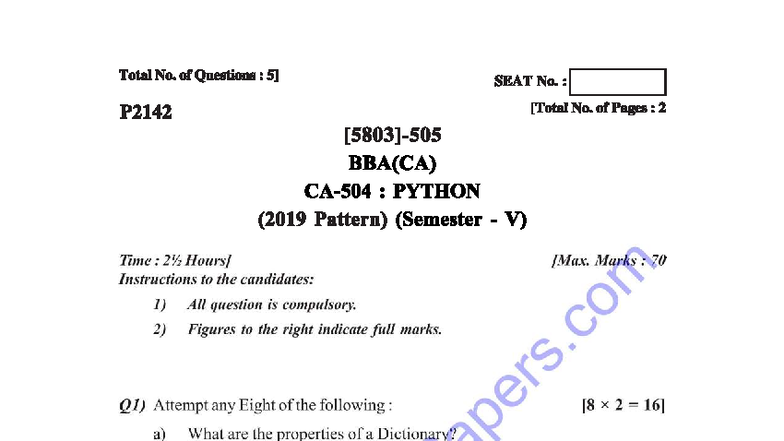 BBA(CA) Semester V: Python Exam Questions (2019 Pattern) - Studocu