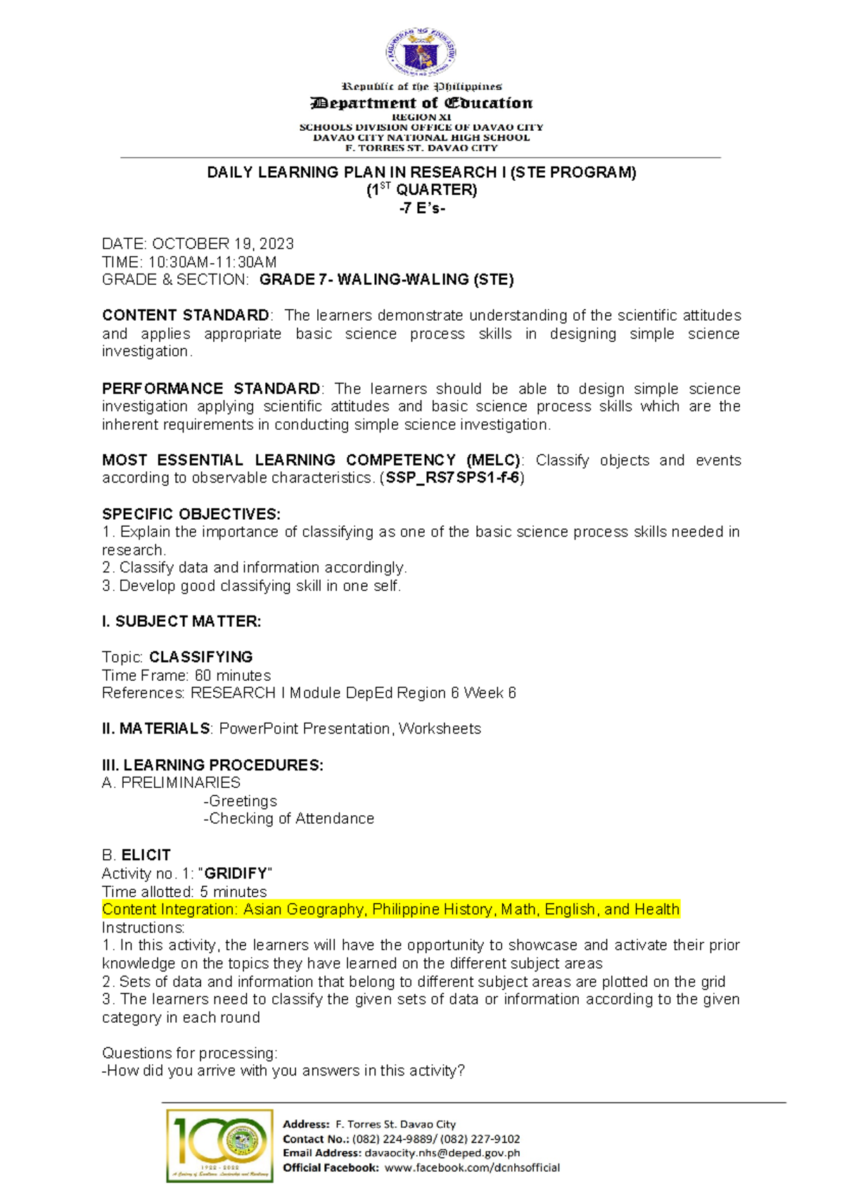 **1ST Class Observation: Daily Learning Plan for Classifying in ...