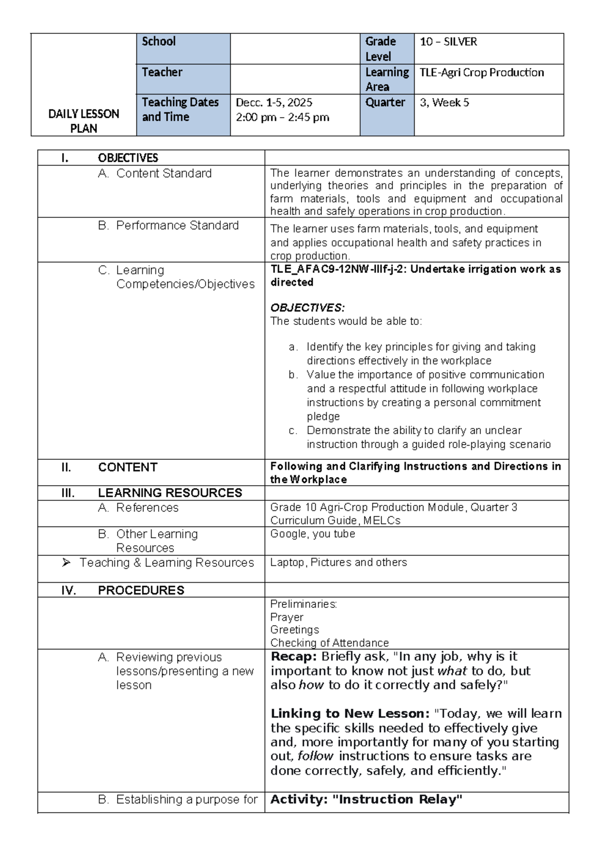 Lesson Plan for TLE10: Following Directions & Communication Skills ...