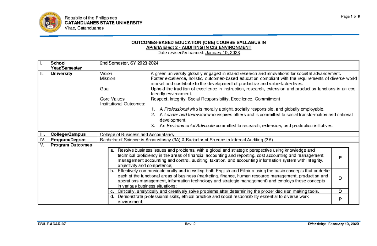 APr8 - Auditing in CIS Environment Course Syllabus Overview - Studocu