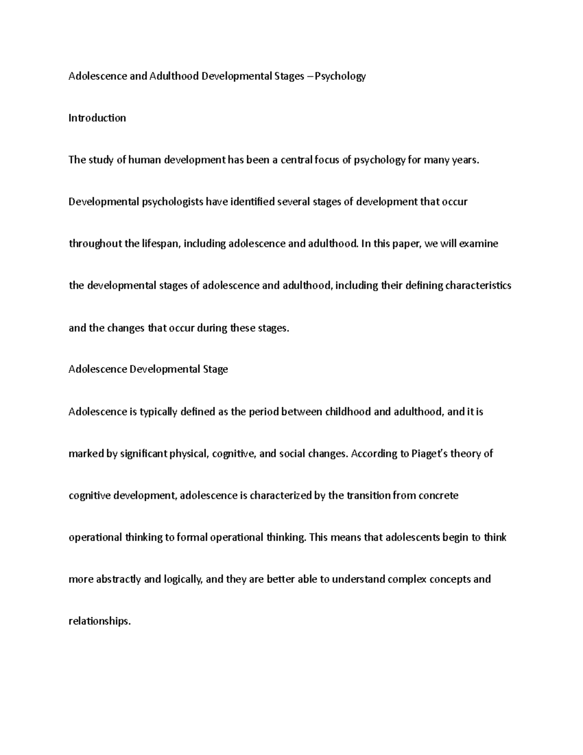 DP5 - notes - Adolescence and Adulthood Developmental Stages ...