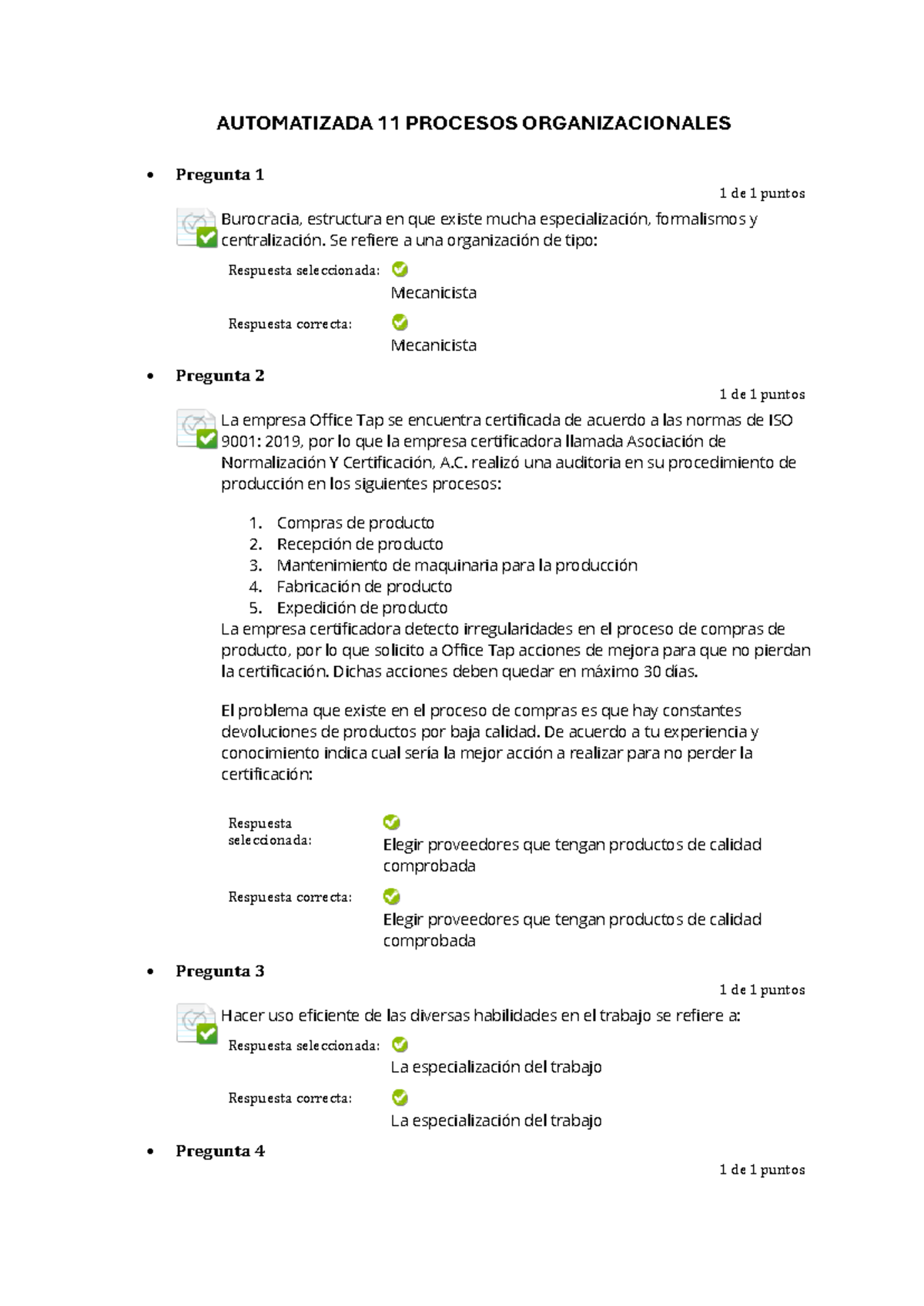 Automatizada 11: Respuestas a Procesos Organizacionales - Studocu