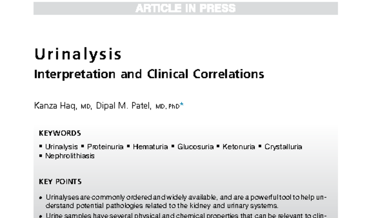Urinalysis Interpretation and Clinical Correlations - U r i n a l y s i ...