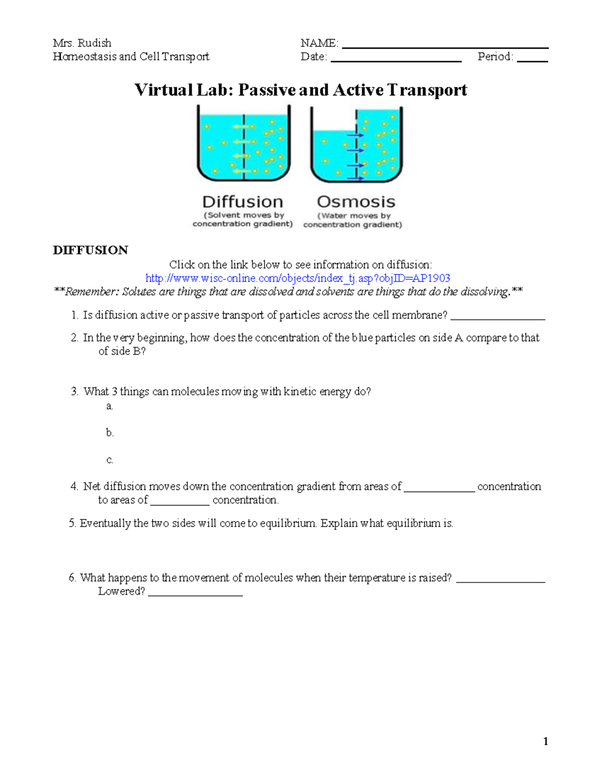 Virtual CELL Transport LAB - Mrs. Rudish NAME: Homeostasis and Cell ...