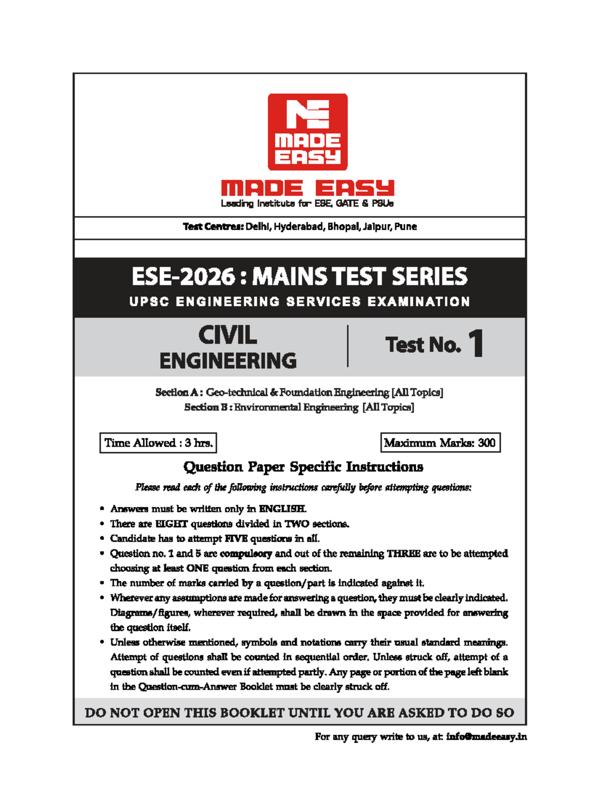 ESE2026: MAINS TEST SERIES - CIVIL ENGINEERING Test No. 1 Question ...