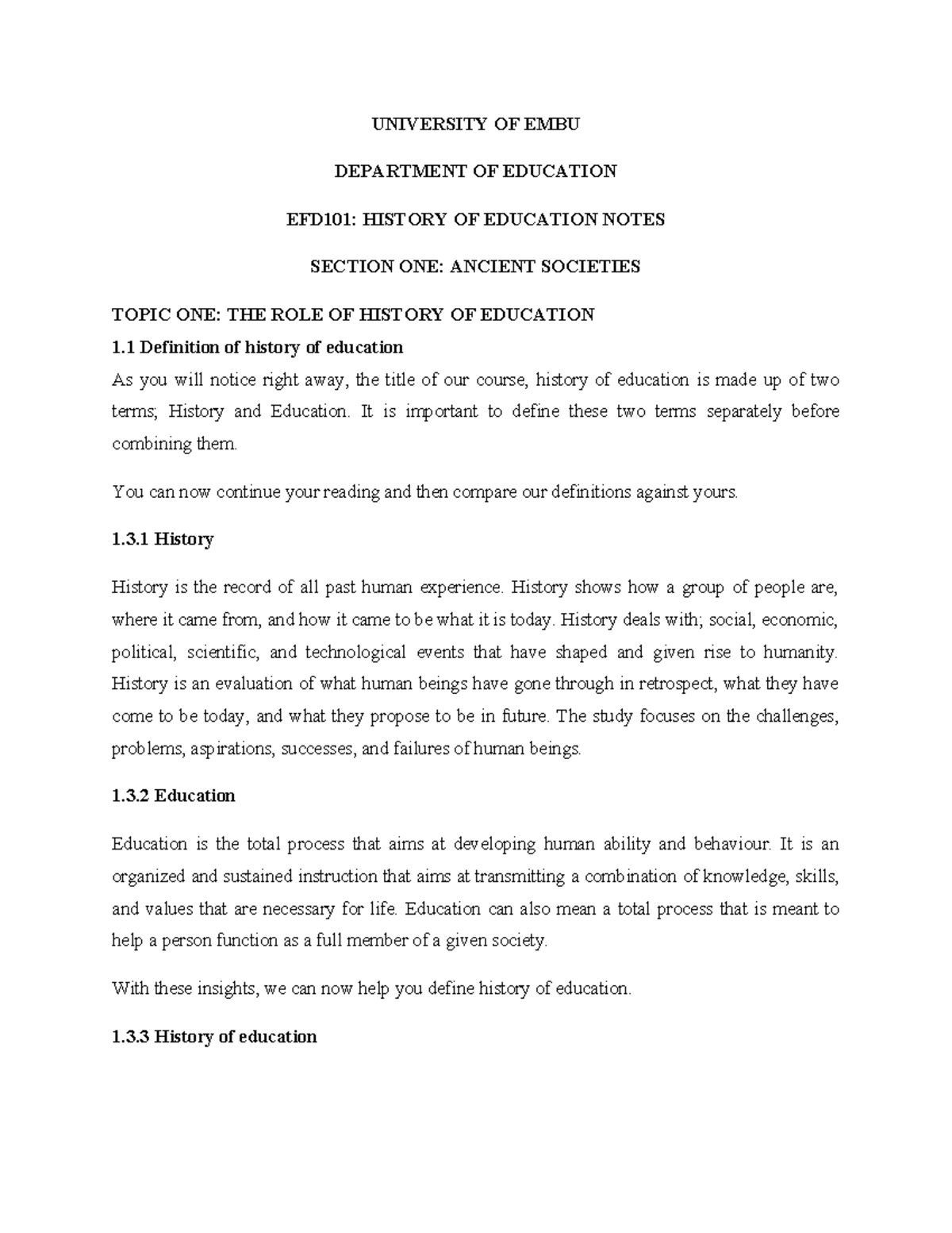 Introduction to History of education - UNIVERSITY OF EMBU DEPARTMENT OF ...