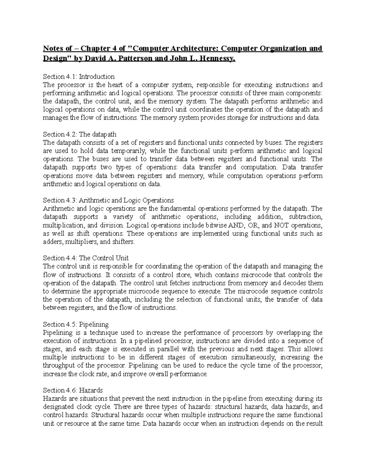 Chapter 4 Notes on Computer Architecture: Processor Components and ...