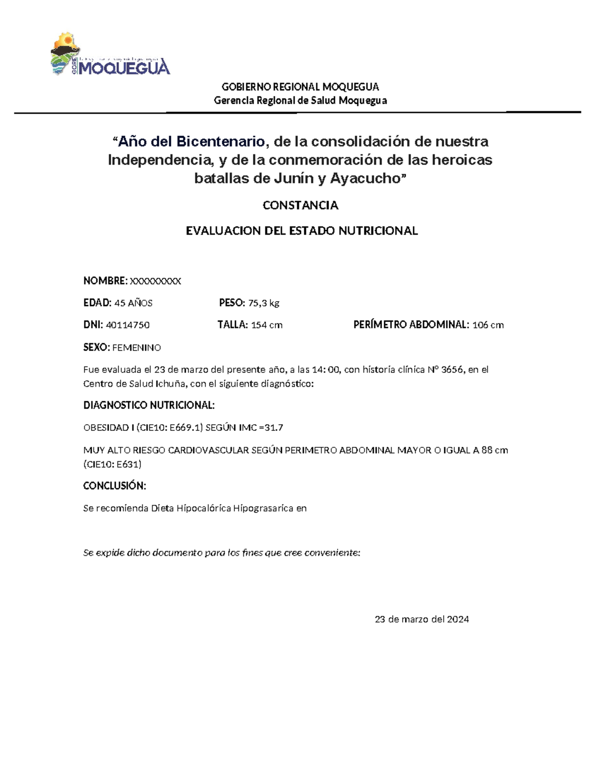 Constancia de Evaluación Nutricional - Gerencia Regional de Salud - Studocu