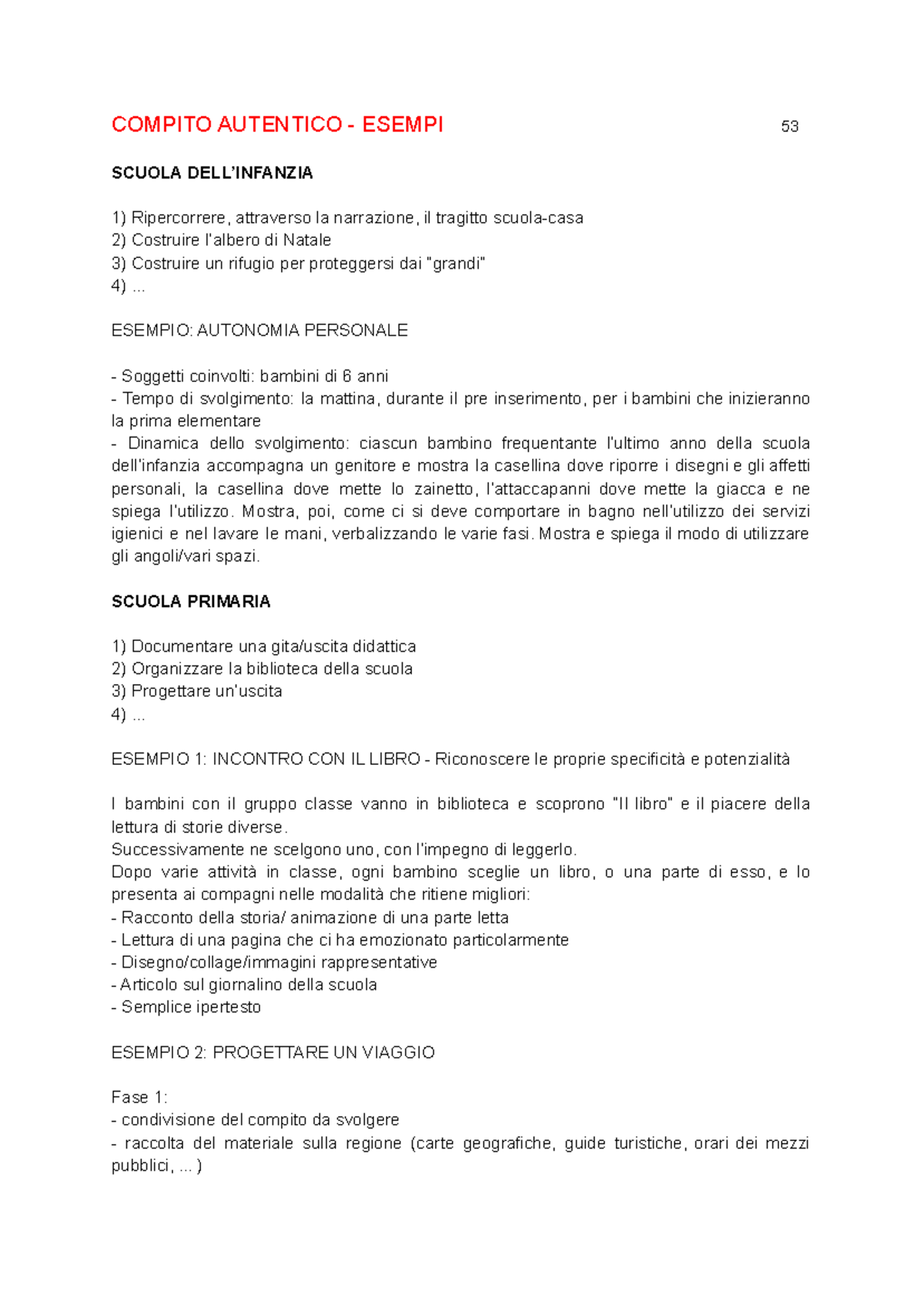 Compito Autentico - Esempi per Scuola dell'Infanzia e Primaria - Studocu