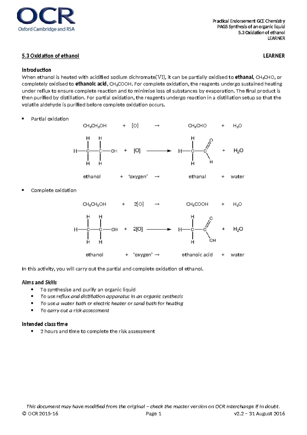Practical Endorsement GCE Chemistry PAG5: Oxidation of Ethanol ...