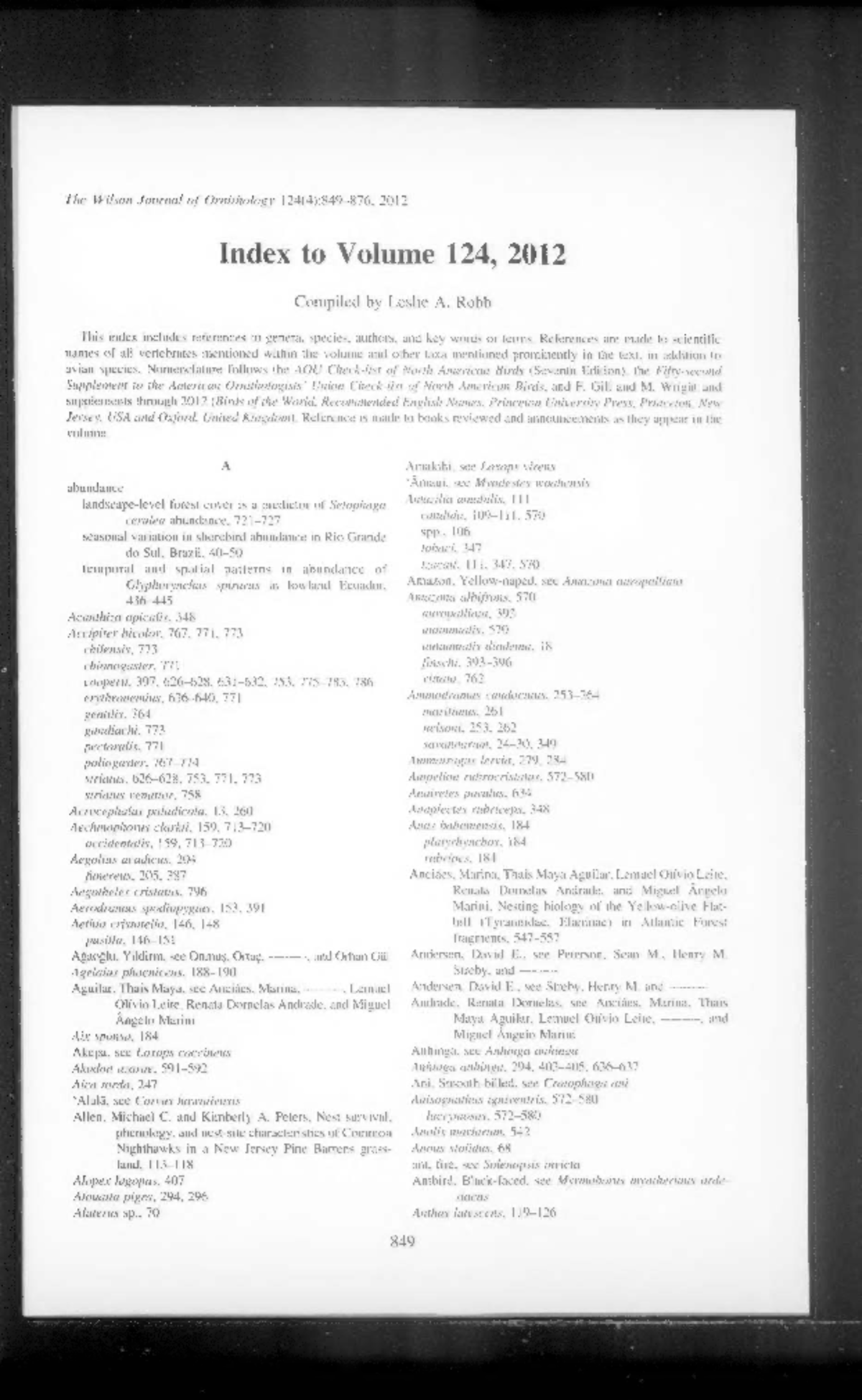 The Wilson Journal of Ornithology Volume 124 Index (2012) - Studocu