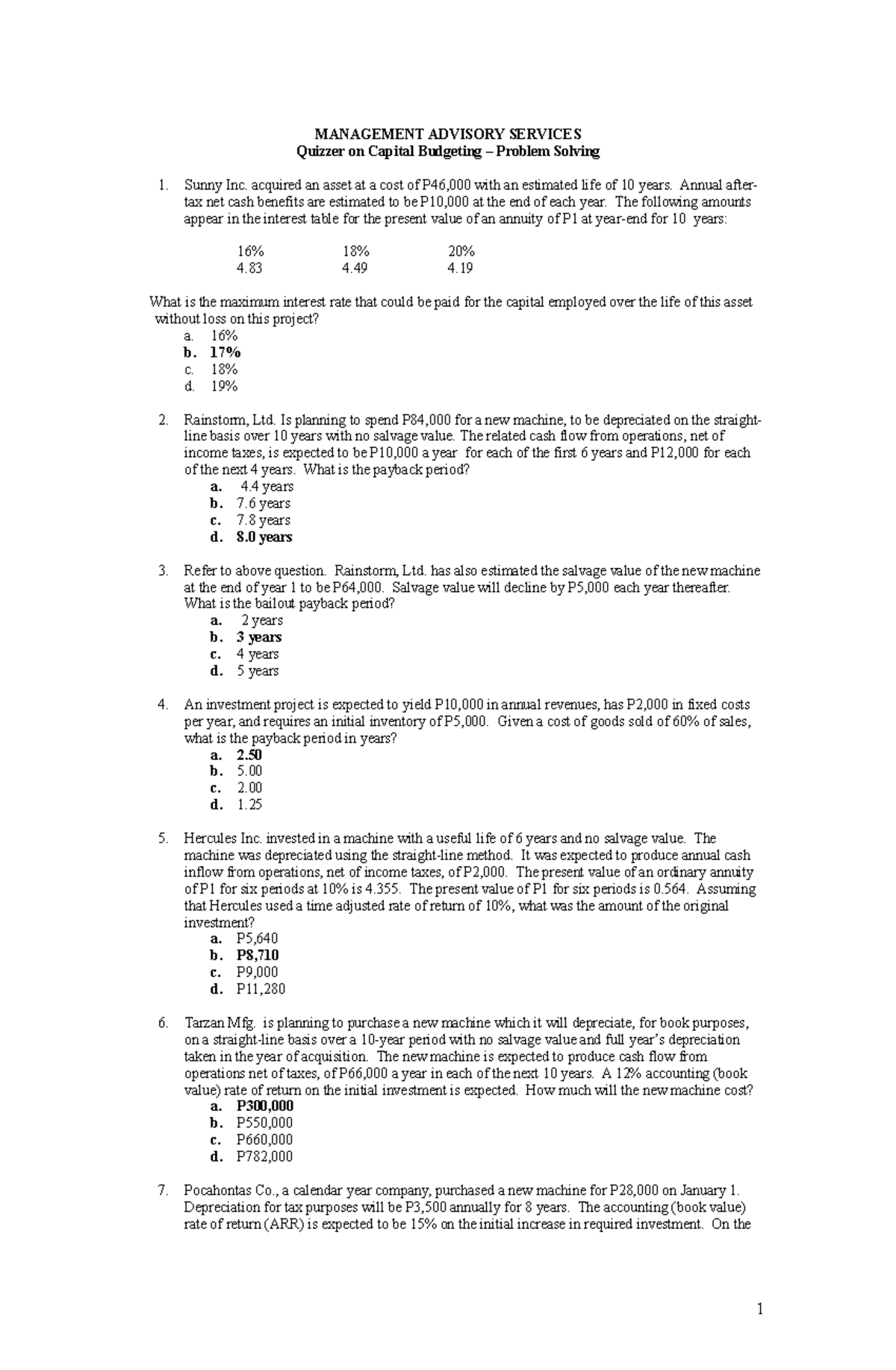 Quiz on Problem Solving in Capital Budgeting for Management Advisory ...