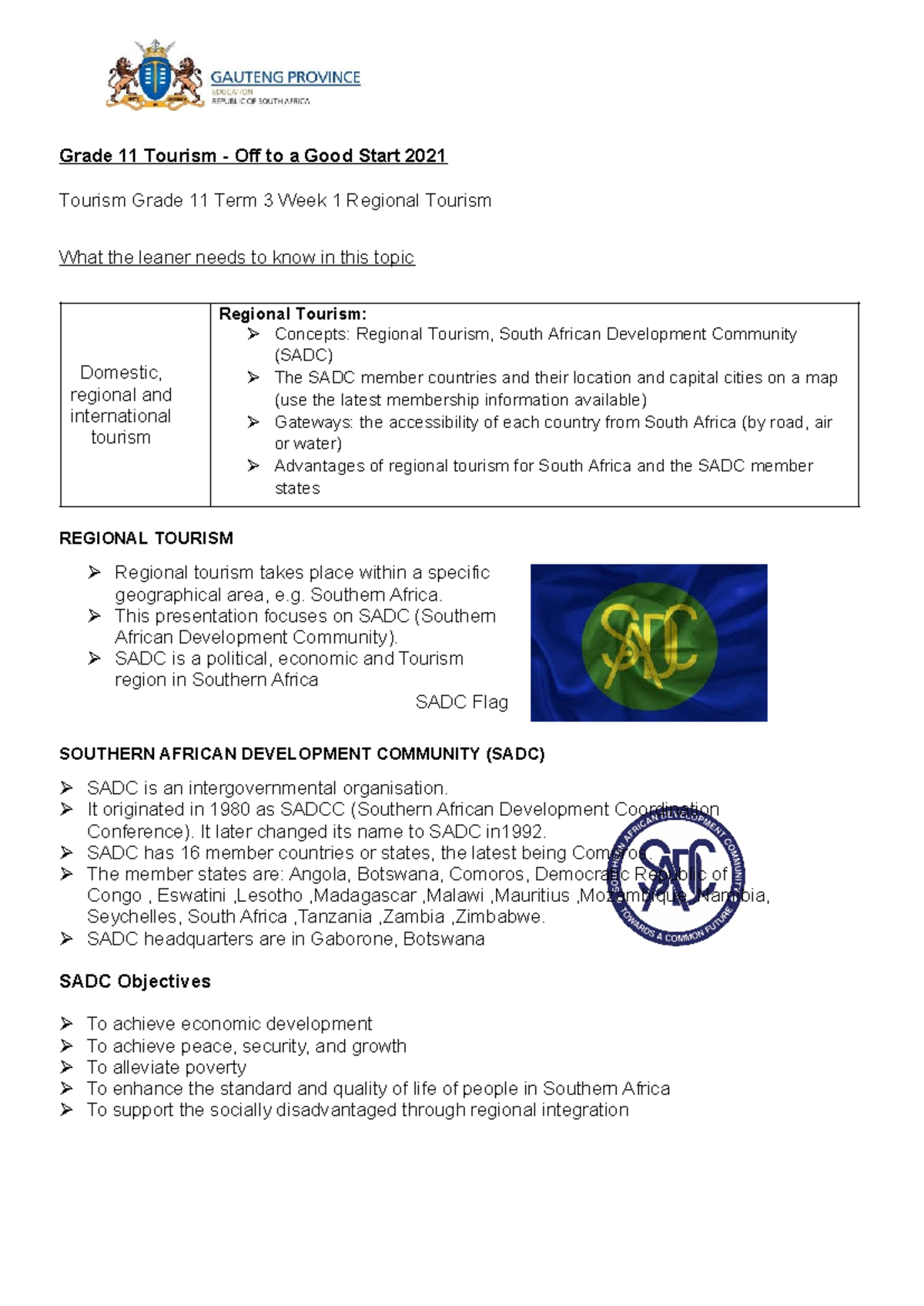 Grade 11 Tourism Term 3 Week 1: Regional Tourism Insights - Studocu